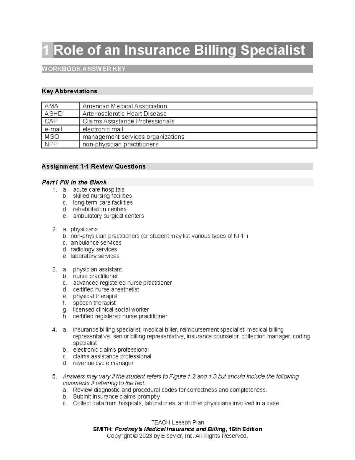 Chpt answers - Assignments - 1 Role of an Insurance Billing Specialist ...