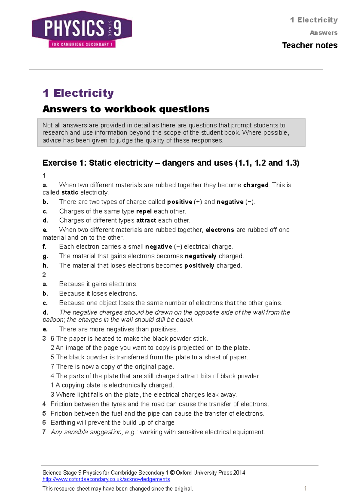 Camb tcd l9 phy ch01 Ans WBQ - 1 Electricity Answers to workbook ...