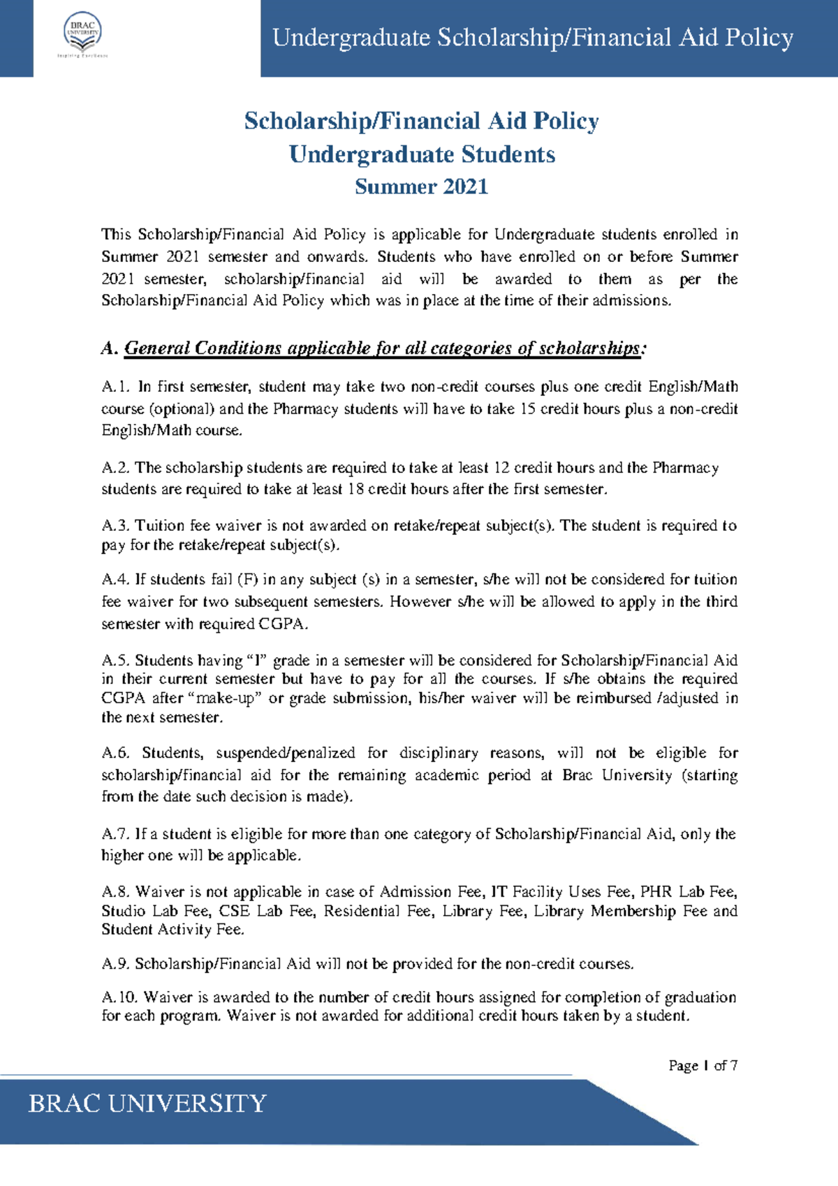 Brac U Scholarship Financial Aid Policy (Undergraduate)08042021 ...