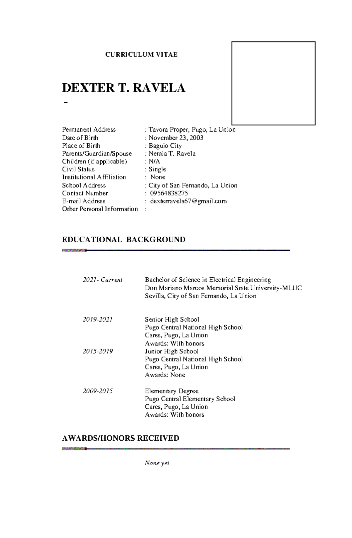 Ravela, Dexter Tabirara Resume - 1 CURRICULUM VITAE DEXTER T. RAVELA ...