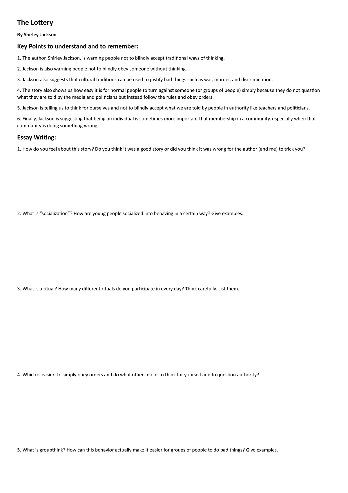 The Lottery Summary and vocab review - The Lottery By Shirley Jackson ...