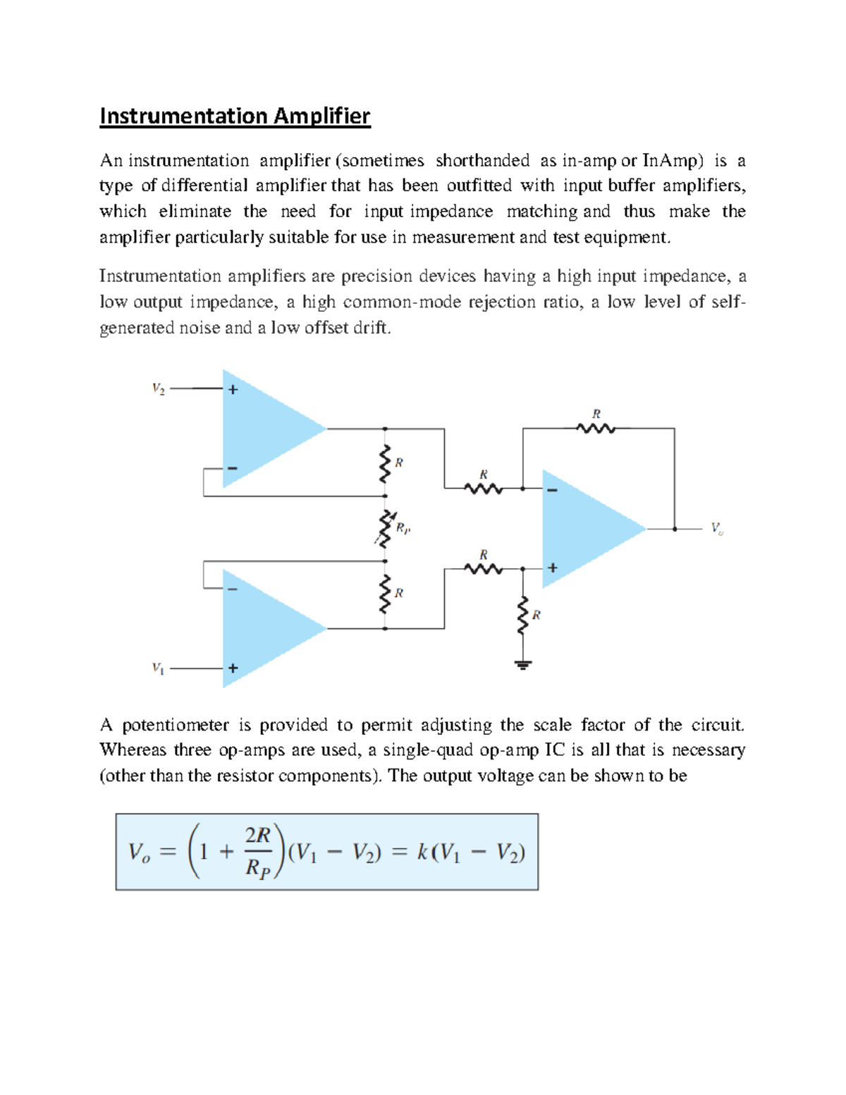 Opamp extra notes - Instrumentation Amplifier An instrumentation ...