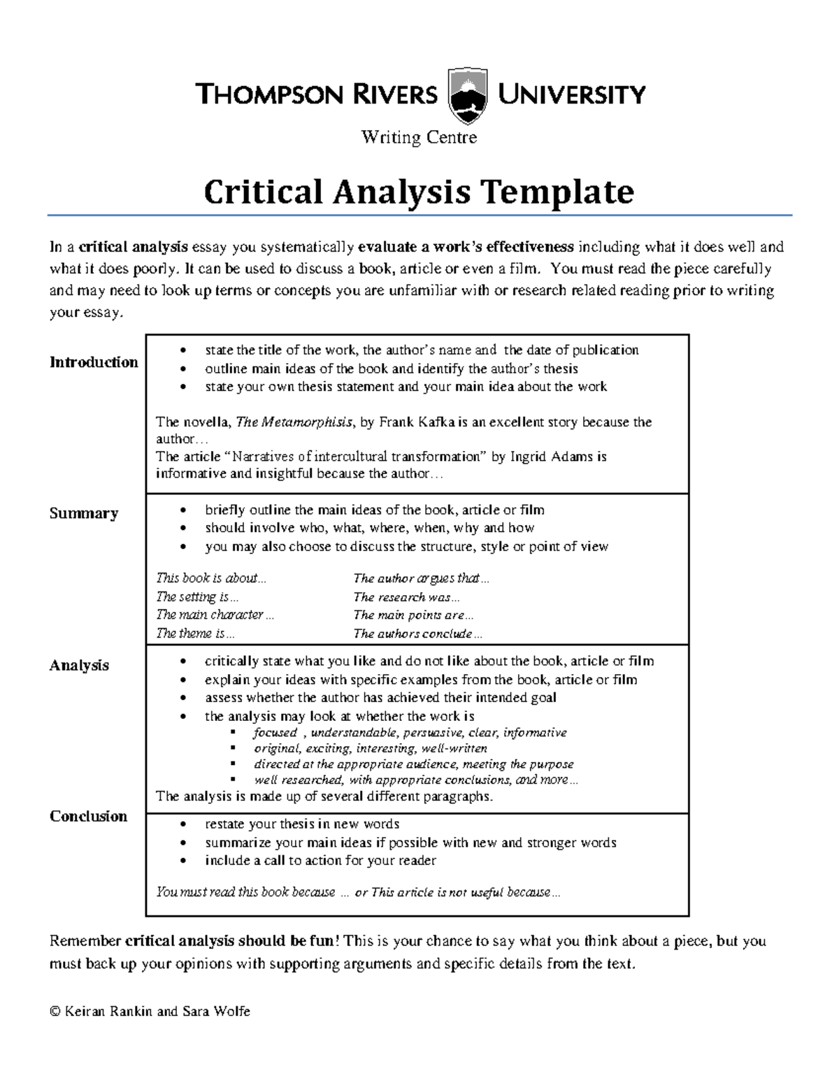 Critical Analysis Template - © Keiran Rankin and Sara Wolfe Writing ...
