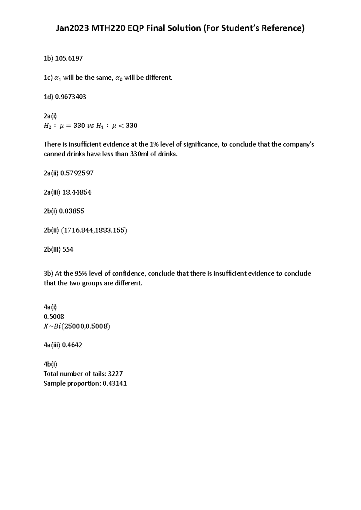 Jan2023 MTH220 EQP Final Solution - Jan2023 MTH 220 EQP Final Solution (For Student’s Reference ...