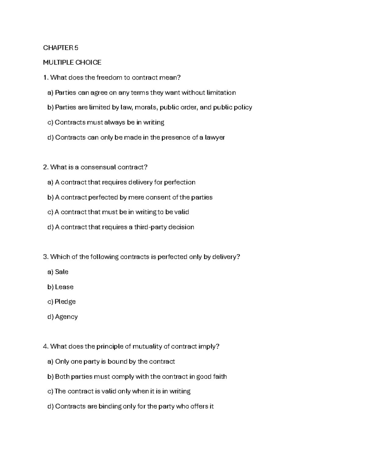 Activity 07 Oblicon - Obligation and contract - CHAPTER 5 MULTIPLE CHOICE What does the freedom ...