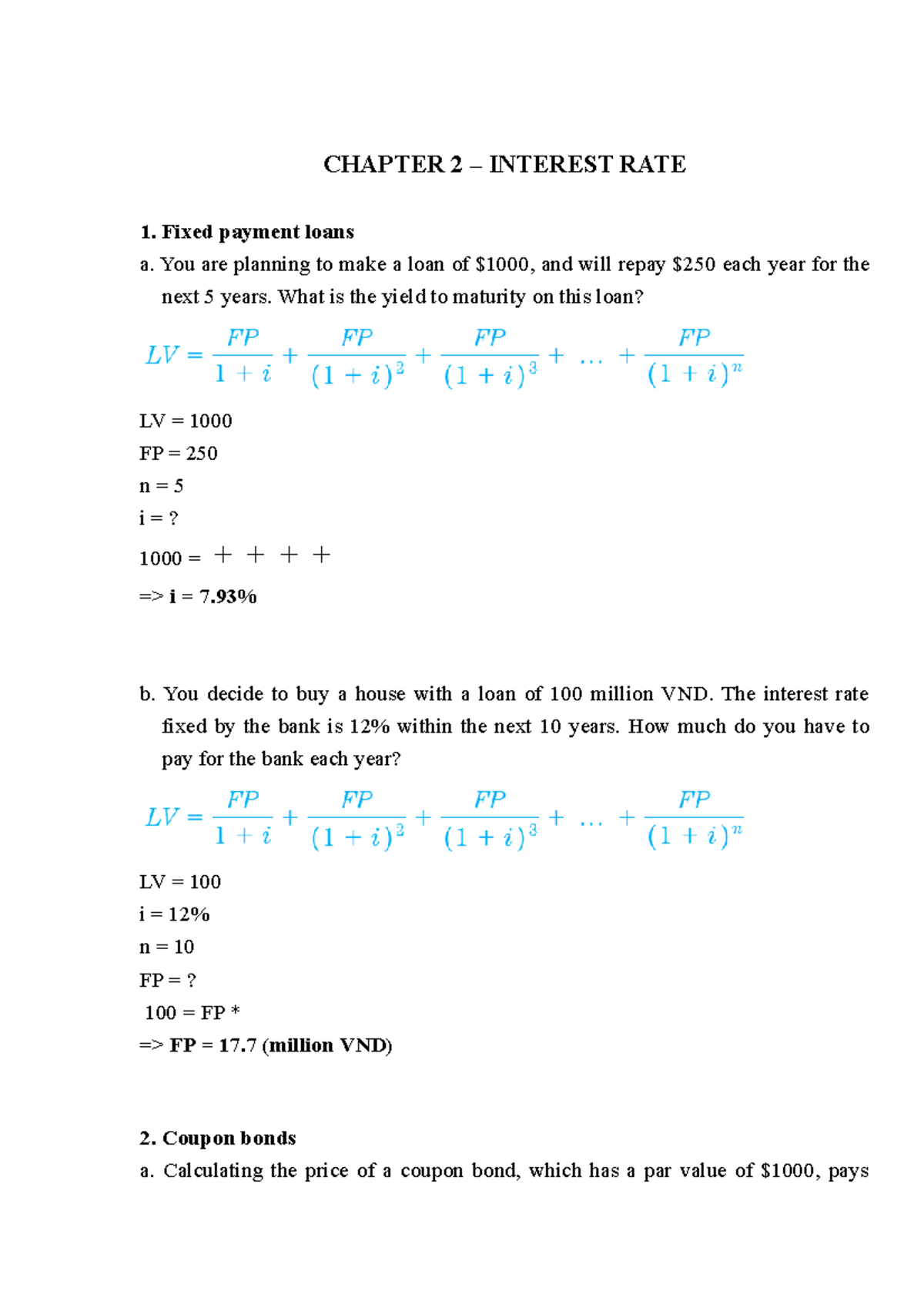 Exercises Chapter 2-3 - Answers - CHAPTER 2 – INTEREST RATE 1. Fixed ...