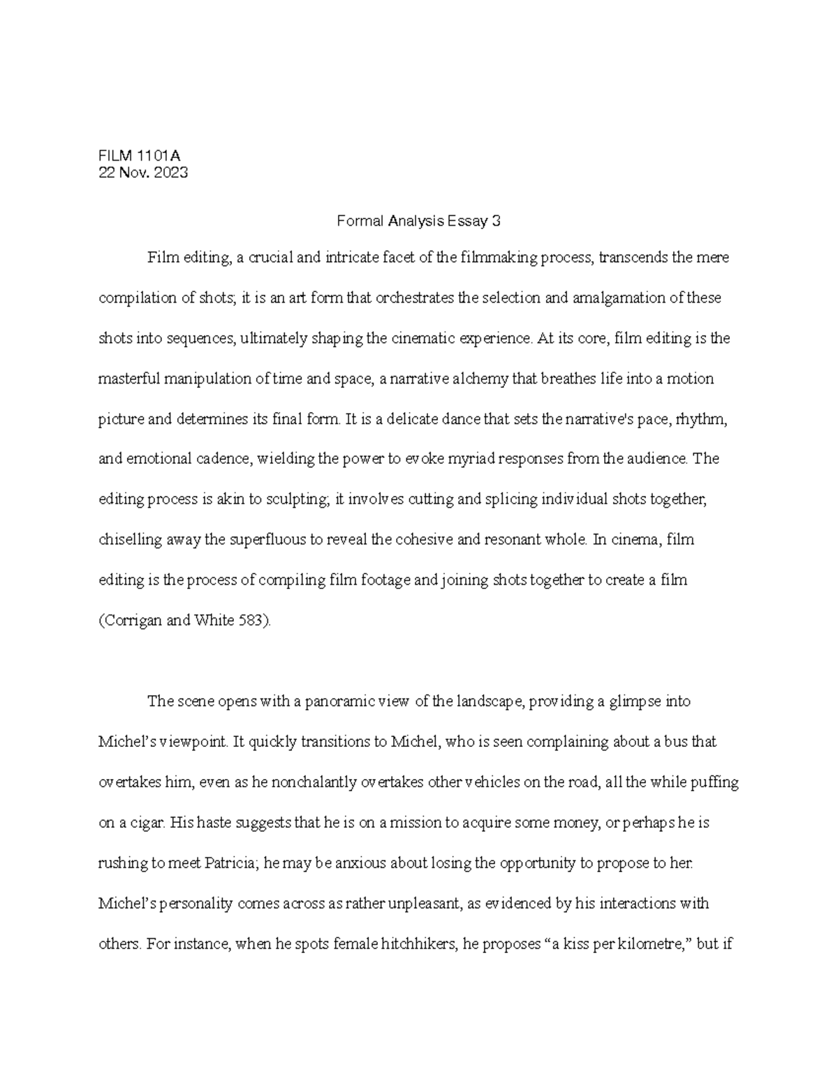 Formal Analysis essay 3 - FILM 1101A 22 Nov. 2023 Formal Analysis Essay ...