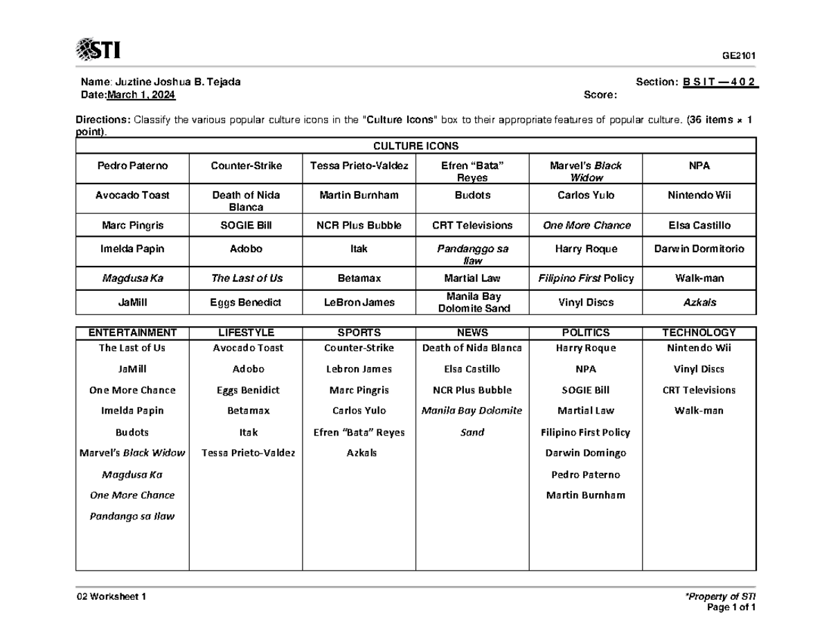 02 Worksheet 12 Tejada - GE Name: Juztine Joshua B. Tejada Section: B S ...