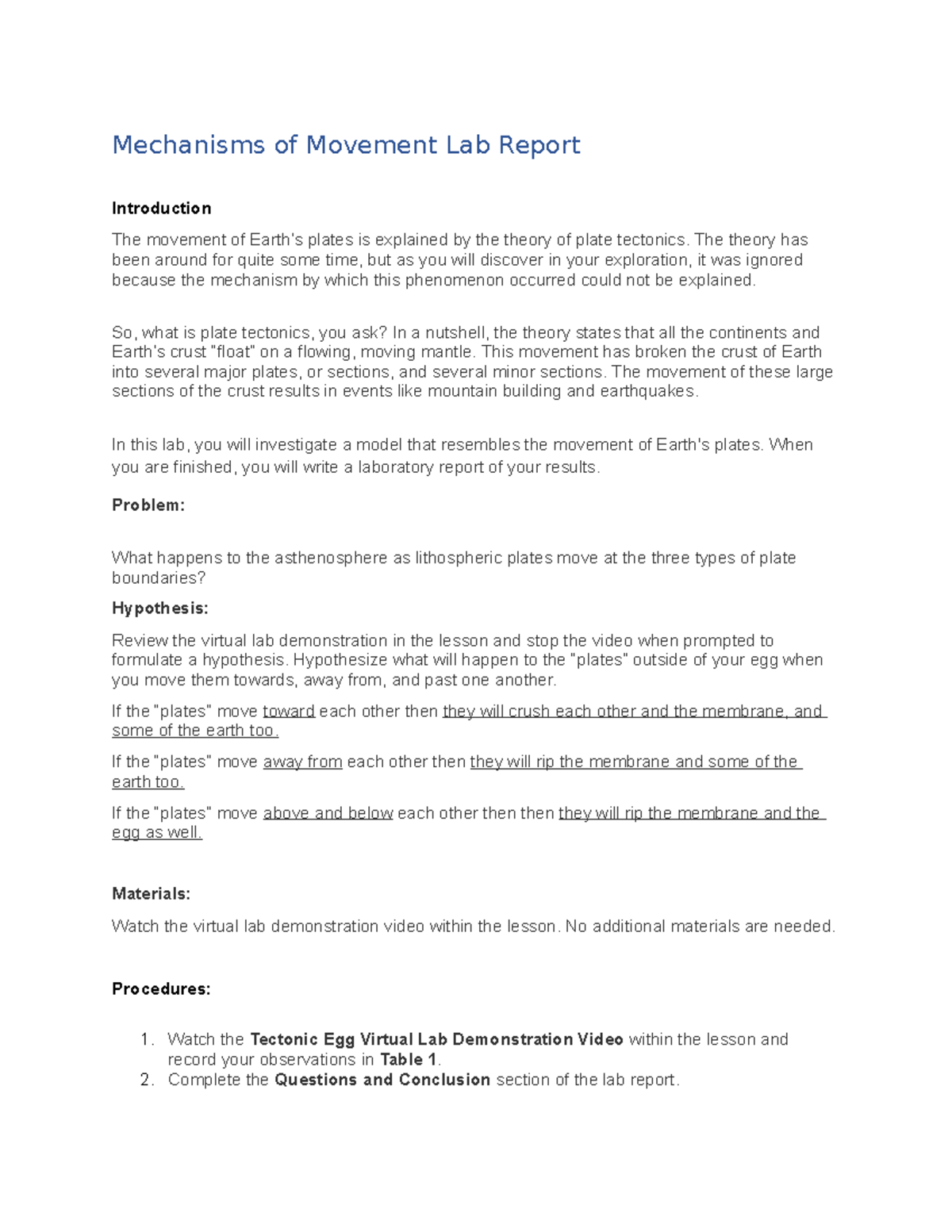 Magana rudy mechanisms movement lab report 1 - Mechanisms of Movement ...