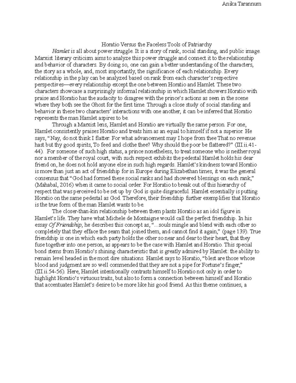 Hamlet Essay - Grade: A - Horatio Versus the Faceless Tools of ...