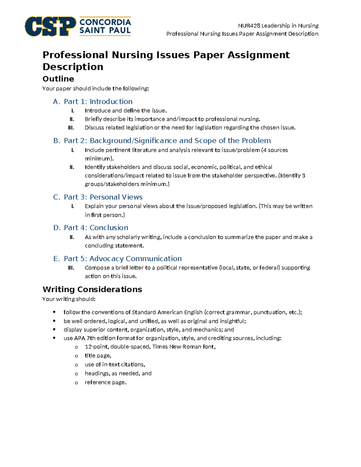 NUR428 Professional Nursing Issues Paper Assignment Description ...