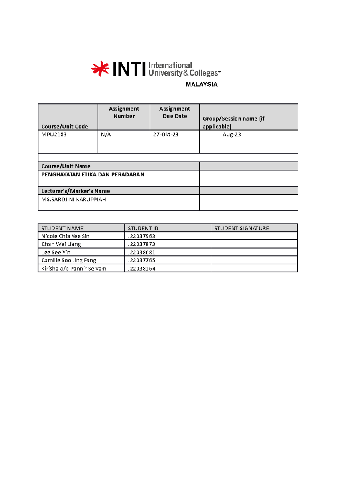 Mpu 2183 assignment - Course/Unit Code Assignment Number Assignment Due Date Group/Session name ...
