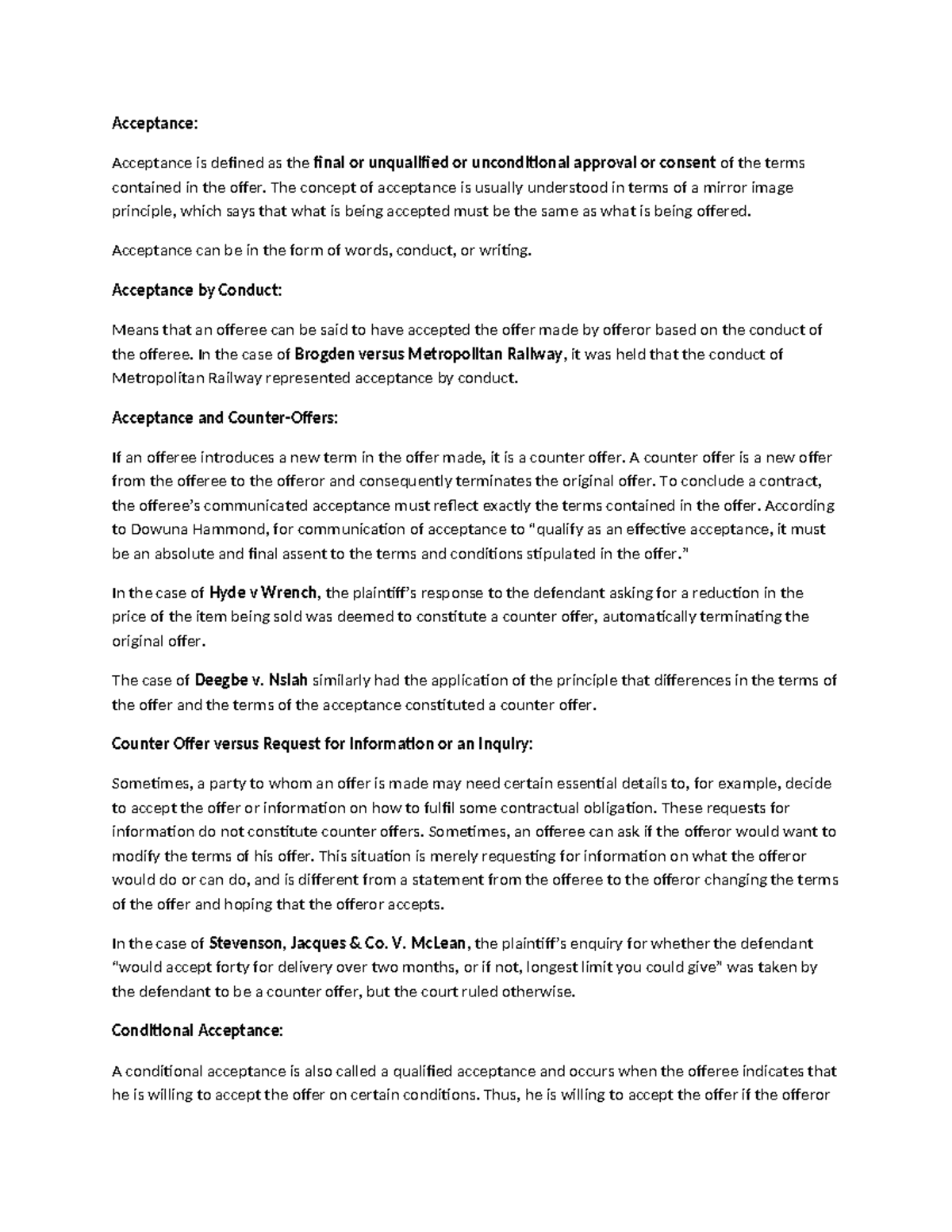 Acceptance and postal rule - Acceptance: Acceptance is defined as the ...