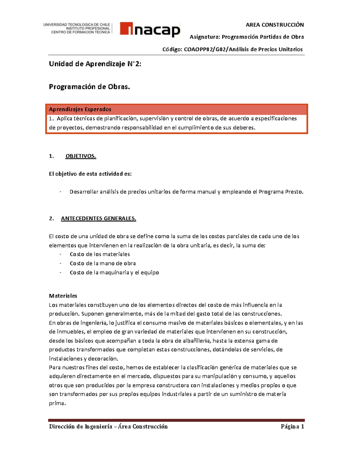 Apunte G02 - Asignatura: Programación Partidas de Obra Código: COAOPP02/G02/Análisis de Precios ...