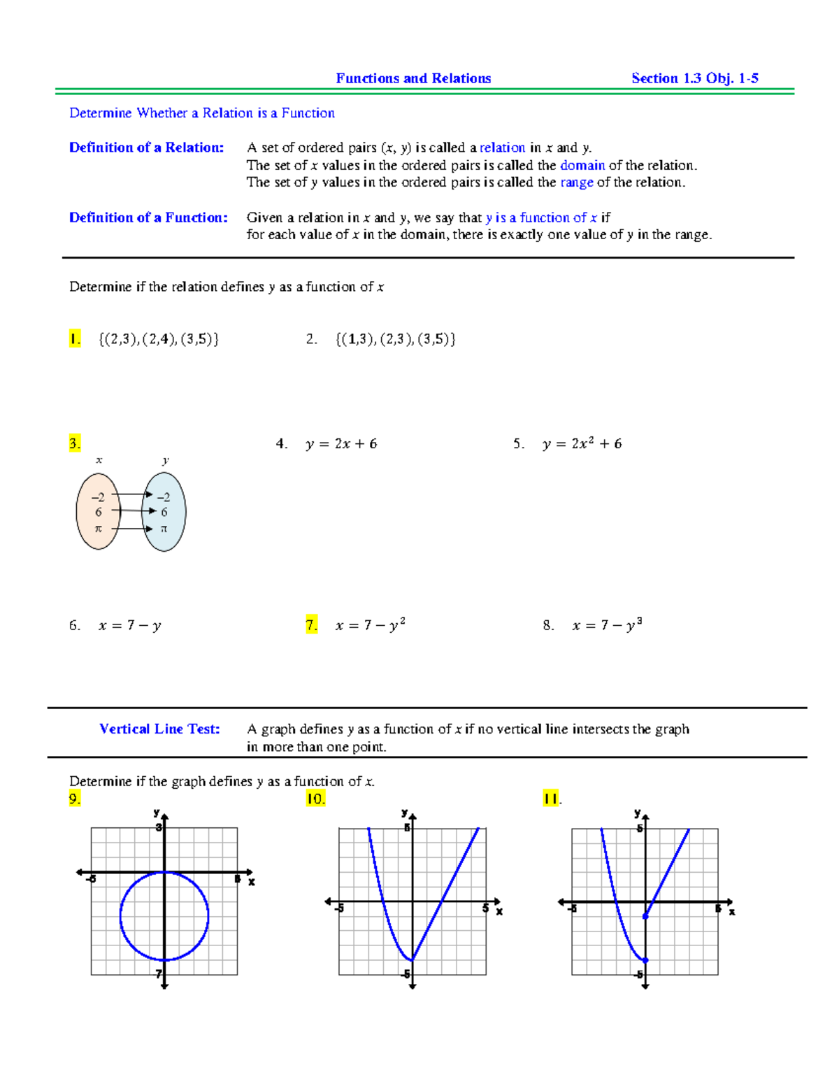 5 Sect 1.3 Functions and Relations ADA - Functions and Relations Section 1 Obj. 1- Determine ...