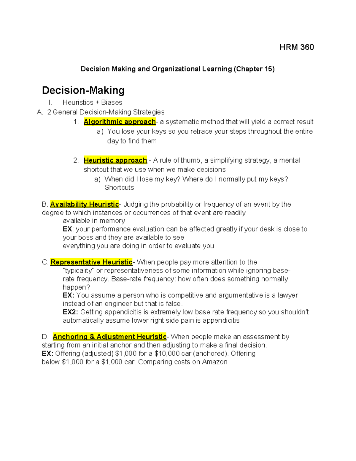 HRM Notes - HRM 360 Decision Making and Organizational Learning ...