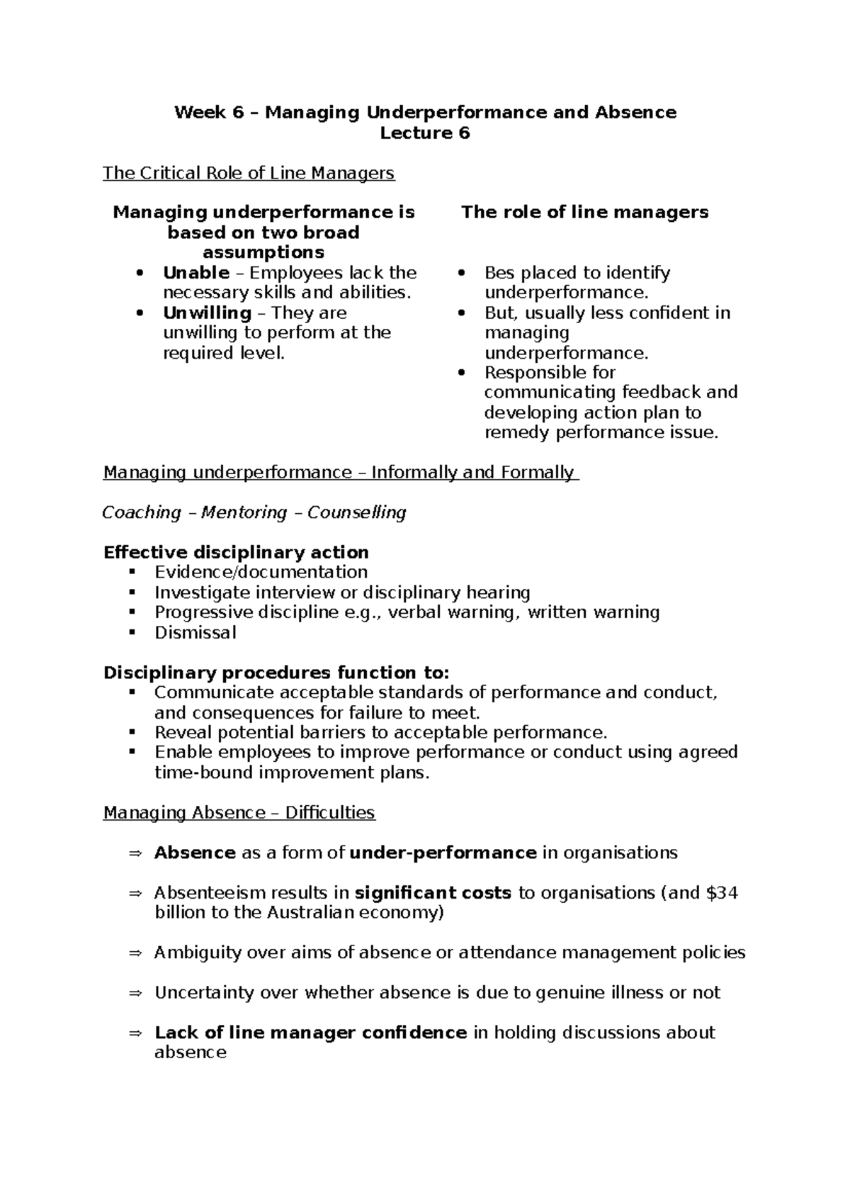 Lecture 6 - Managing Underperformance and Absence - Week 6 – Managing ...
