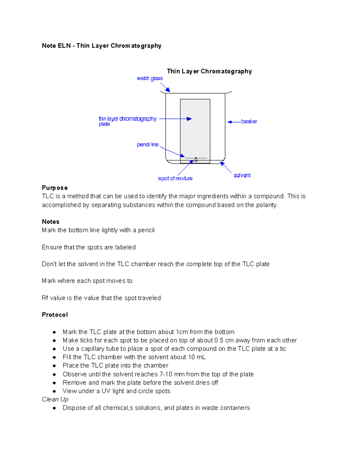 TLC ELN - ELN - Note ELN - Thin Layer Chromatography Thin Layer Chromatography Purpose TLC is a ...