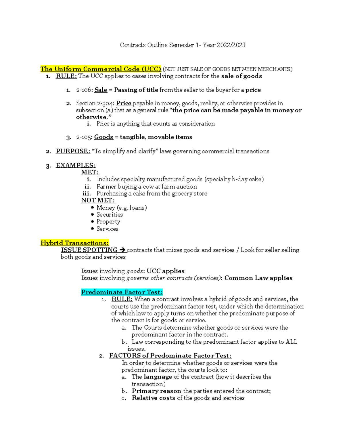 MY Outline - notes of class - Contracts Outline Semester 1- Year 2022 ...
