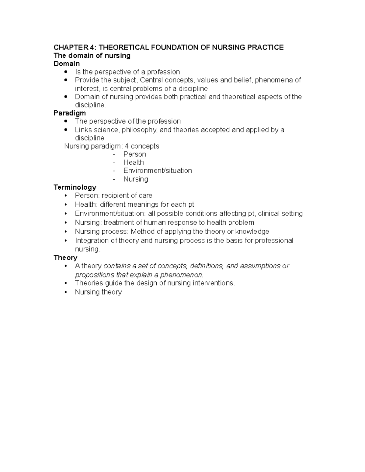 Chapter 4 - CHAPTER 4: THEORETICAL FOUNDATION OF NURSING PRACTICE The ...