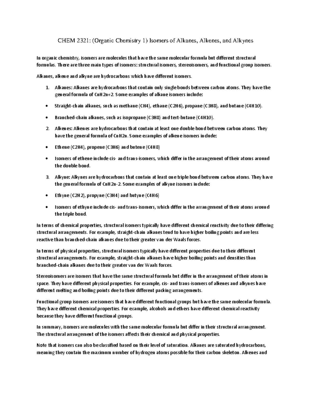 Introduction to Isomer States of Alkanes, Alkenes, and Alkynes - CHEM ...