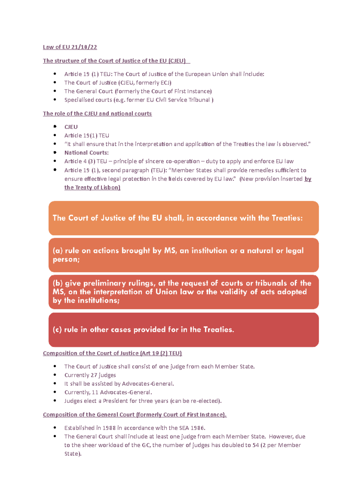 Eu Law Lecture Notes 21st October Law Of Eu 21 10 The Structure Of The Court Of Justice Of