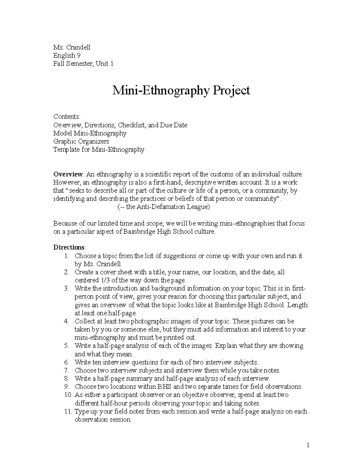 English 9 Unit 1 Mini-Ethnography Packet - Ms. Crandell English 9 Fall ...