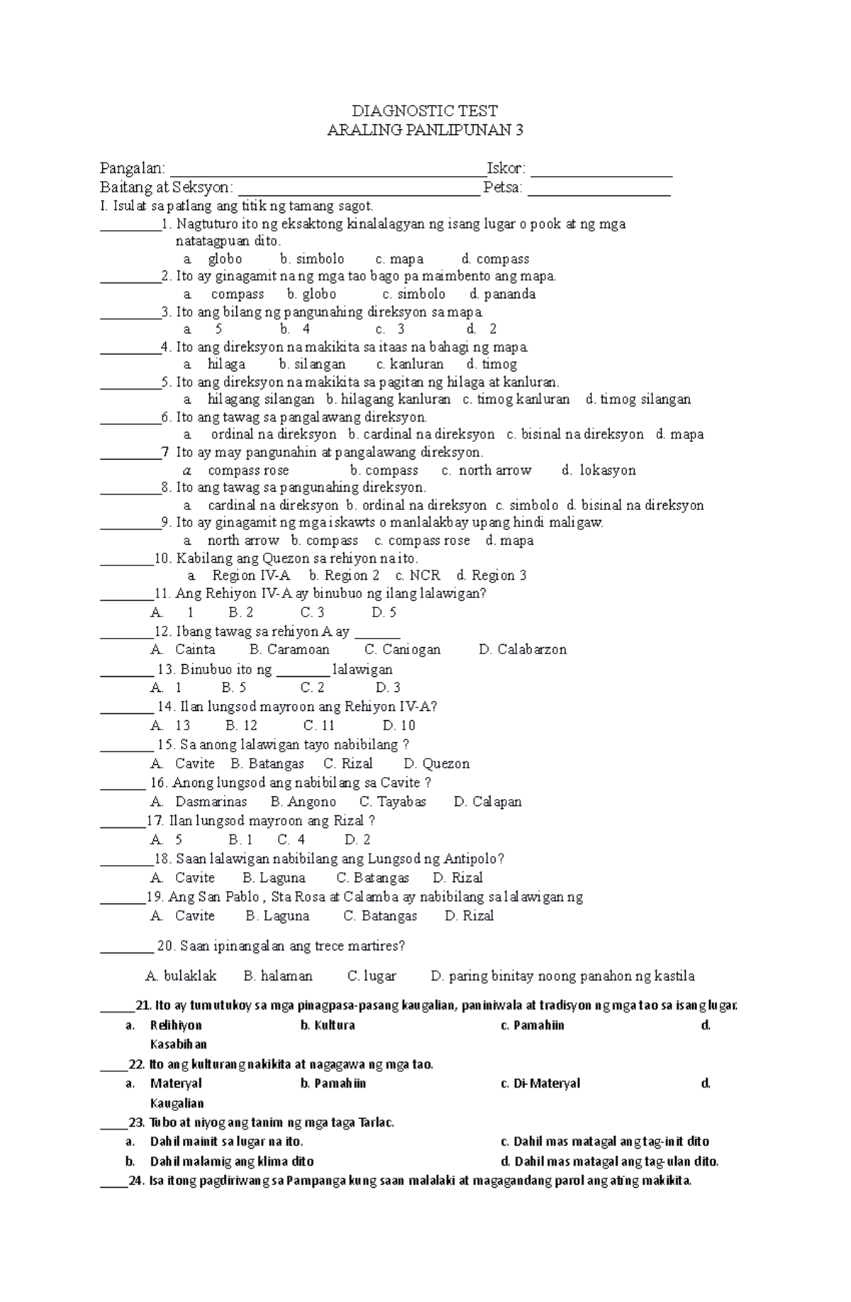 Diagnostic TEST AP - Sample - DIAGNOSTIC TEST ARALING PANLIPUNAN 3 ...
