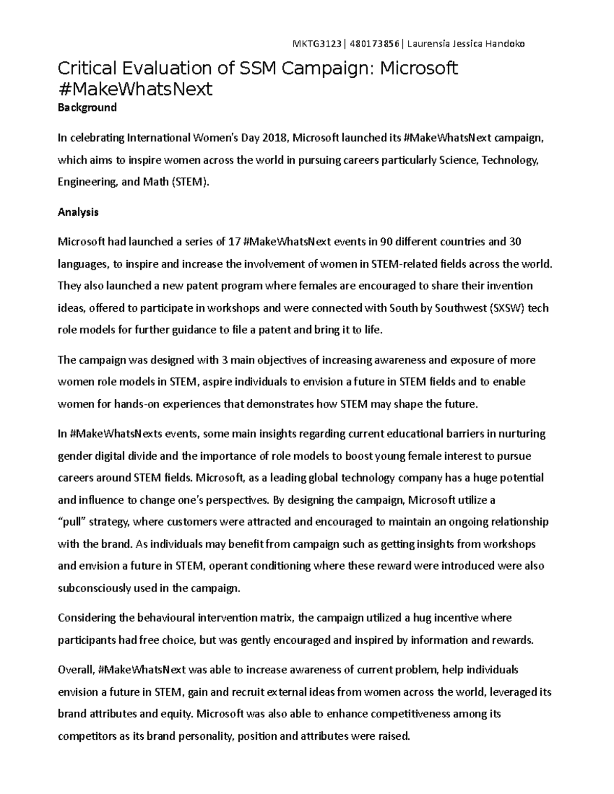 480173856 Assignment 1 - Critical Evaluation of SSM Campaign: Microsoft #MakeWhatsNext ...