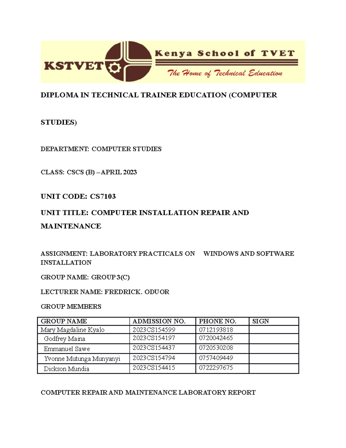 Computer Software Installation laboratory final report - DIPLOMA IN ...