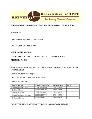Computer repair and maintenance laboratory report - DIPLOMA IN ...