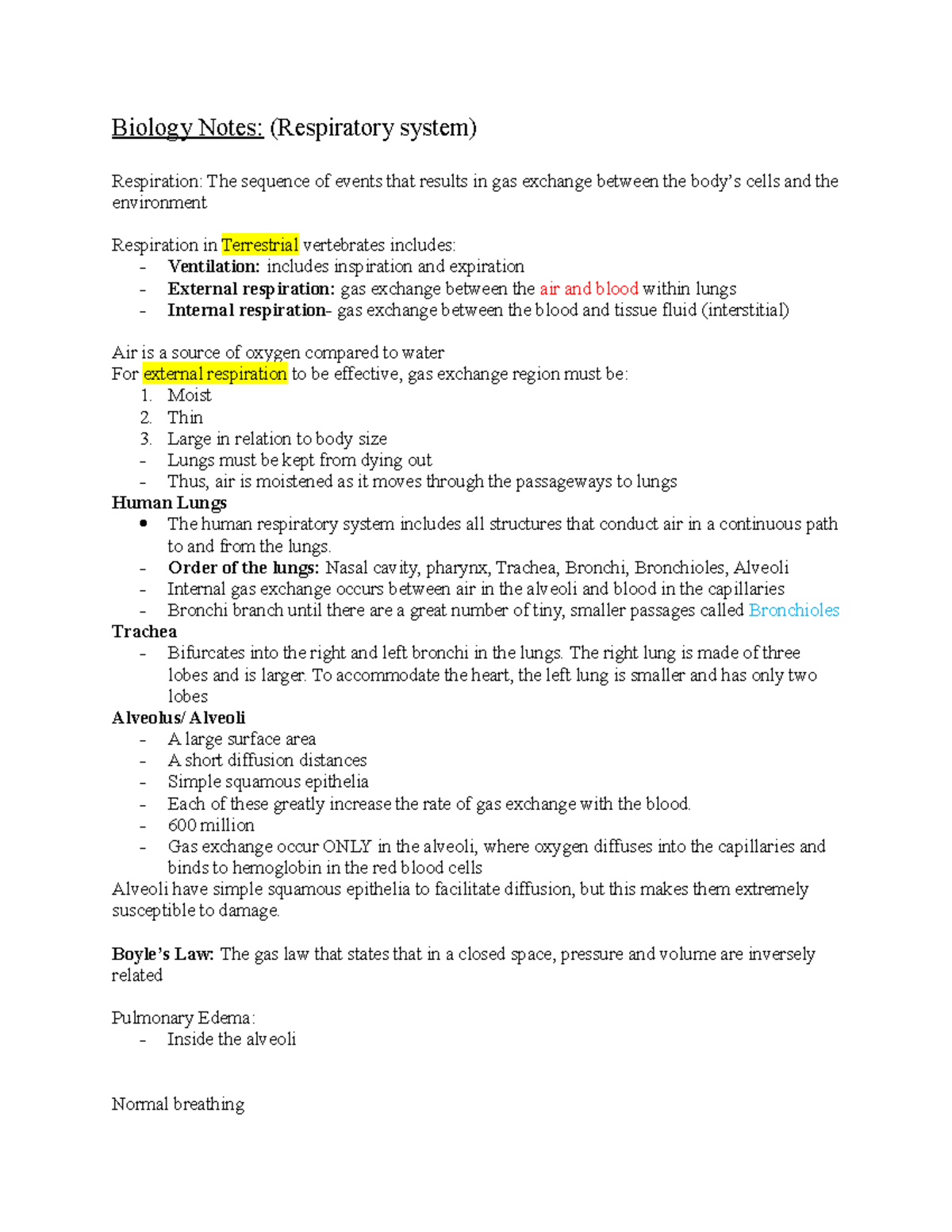 Bio Notes- respiratory system - Biology Notes: (Respiratory system ...