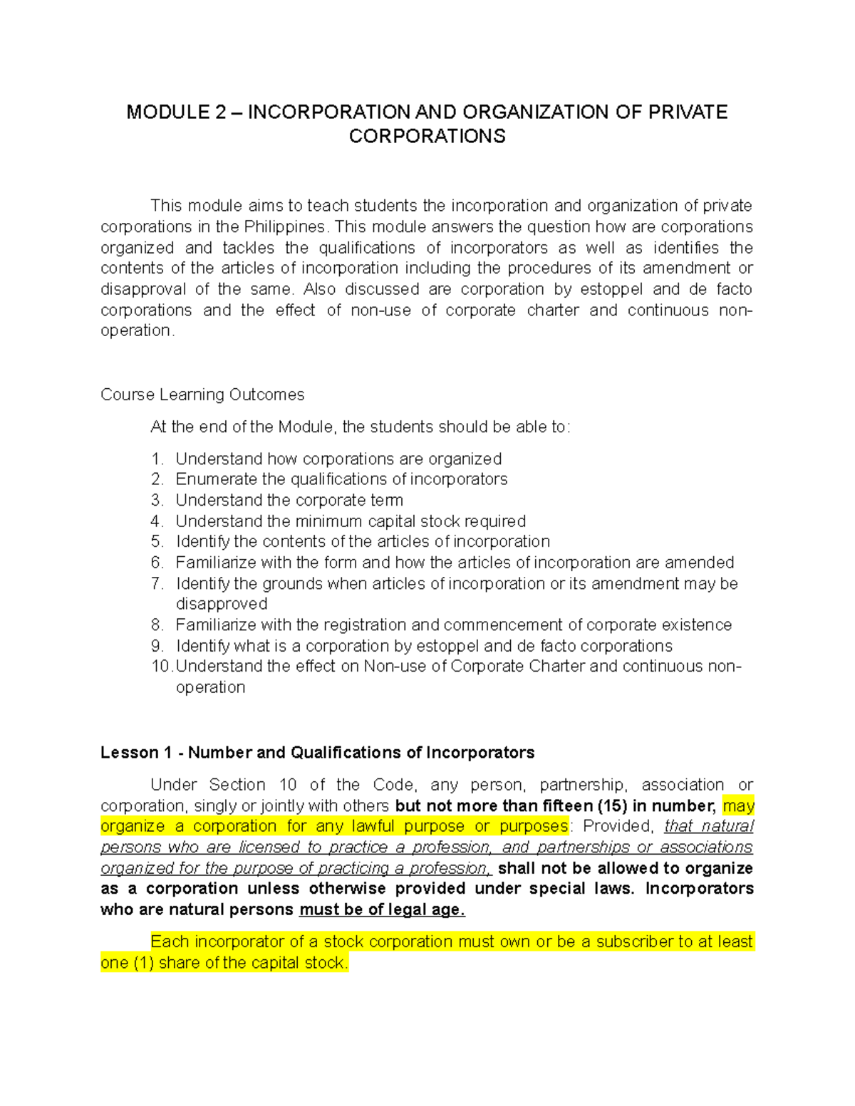 Module-2 Revised-Corp-Code Incorporation - MODULE 2 – INCORPORATION AND ...