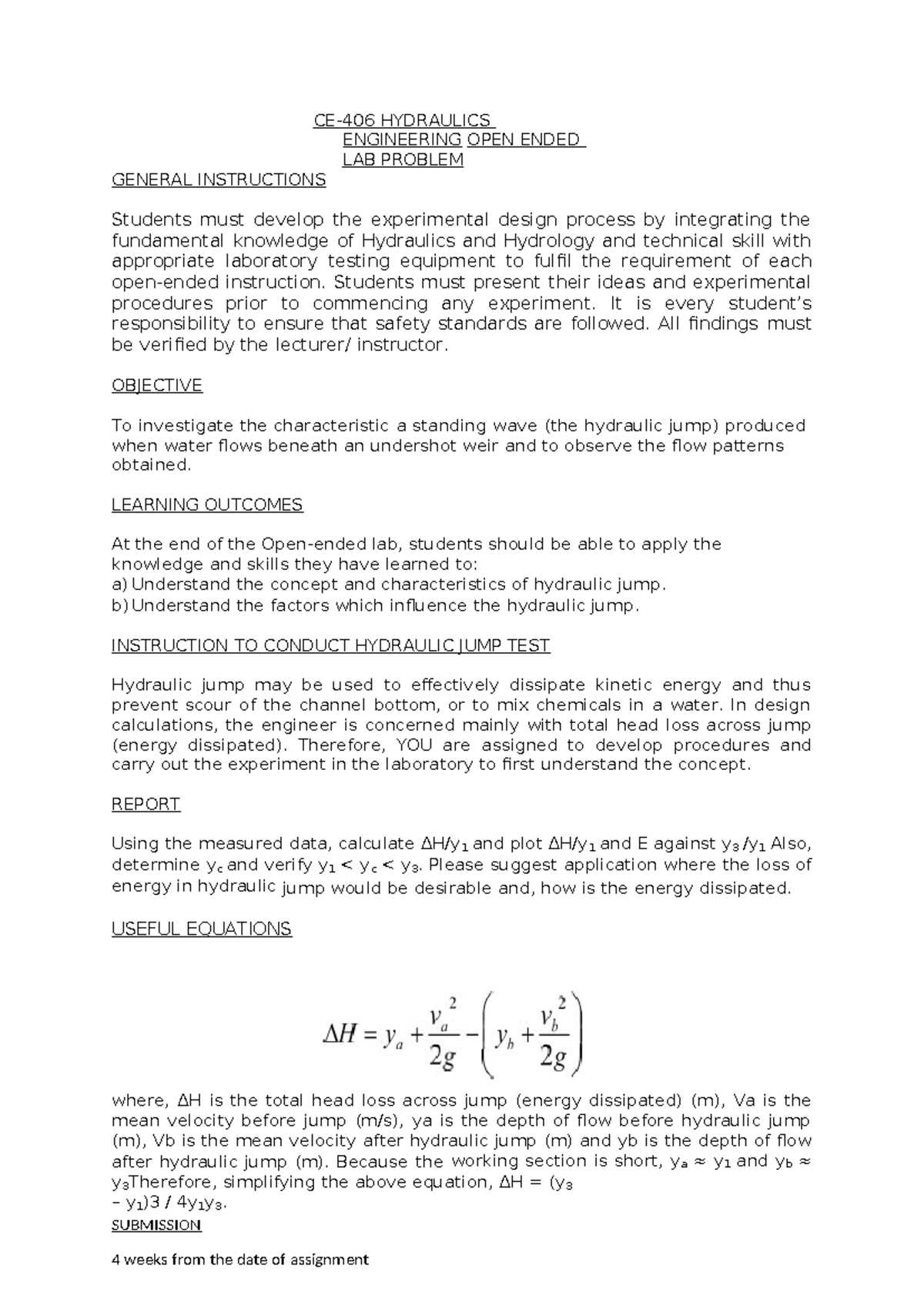 Open Ended Lab Hydraulics Engineering - CE-406 HYDRAULICS ENGINEERING ...