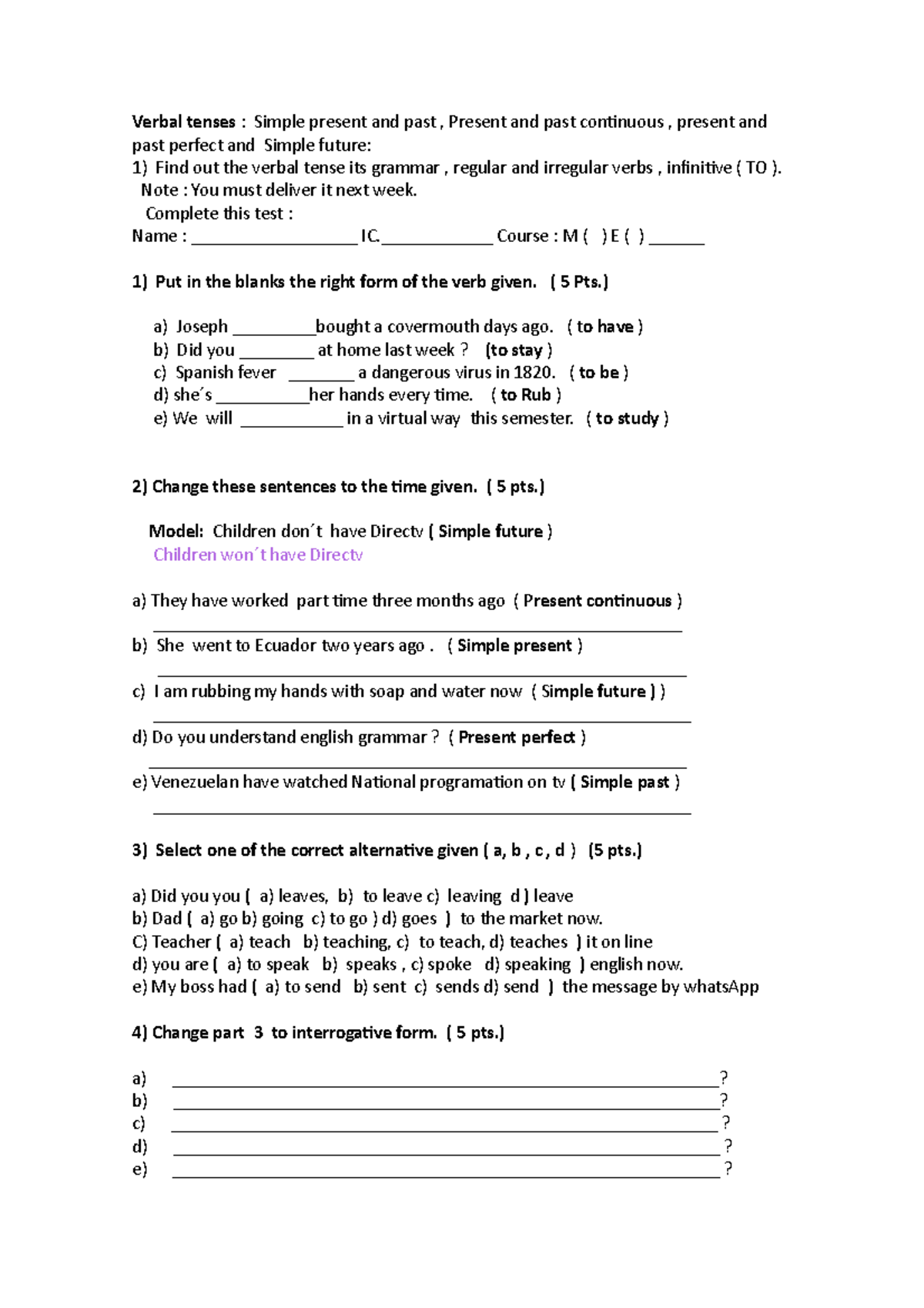 Verbal tenses - asdasdsa - Verbal tenses : Simple present and past ...
