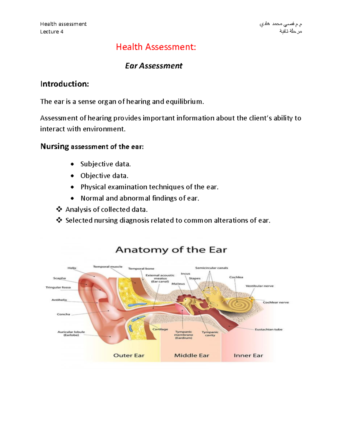 Health Assessment - Computer science - Lecture 4 مرحلة ثانية Health ...