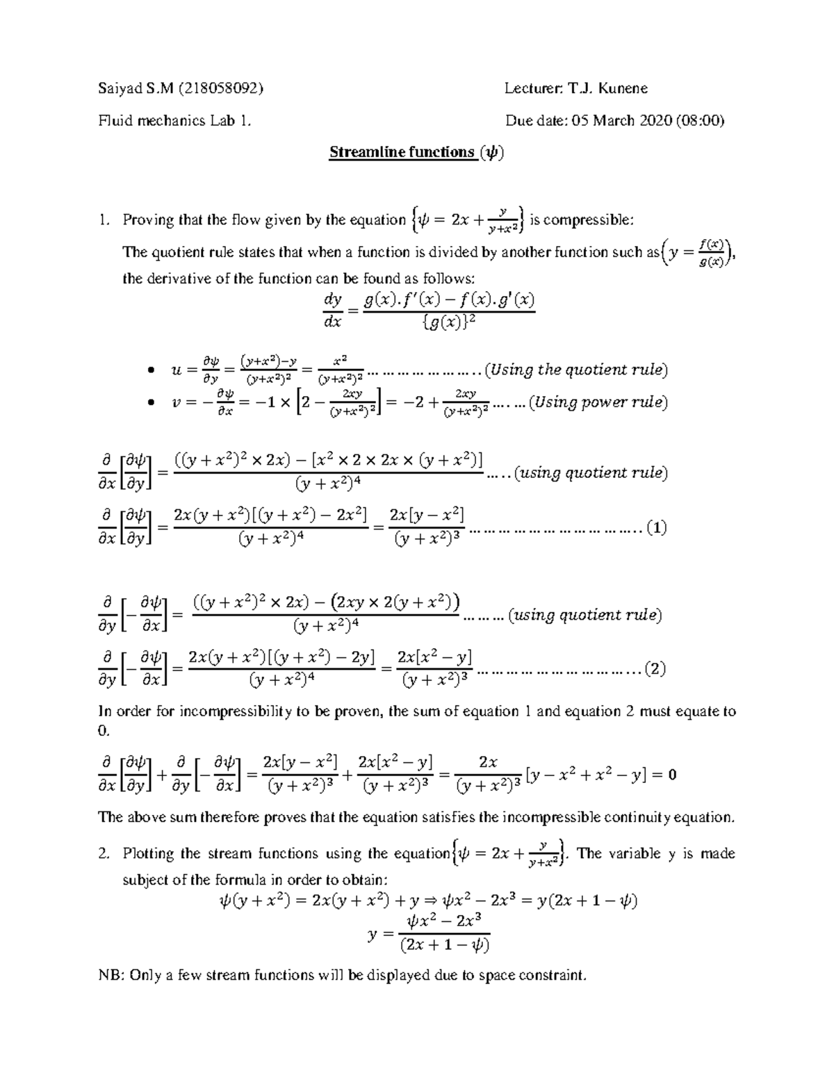 Stream function exercise Q1 solution - Saiyad S (218058092) Lecturer: T ...