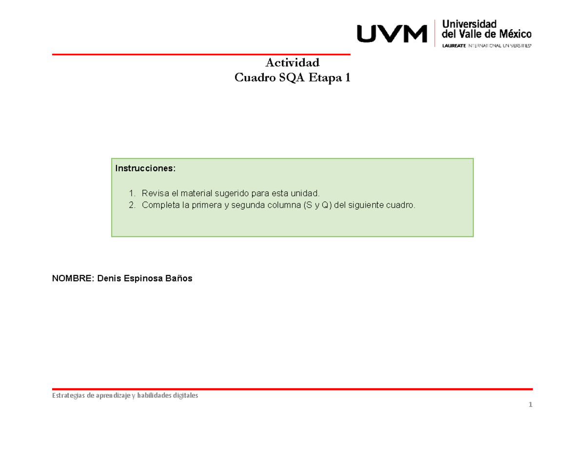 Act11 DEB - Tarea UVM - Actividad Cuadro SQA Etapa 1 Instrucciones: Revisa el material sugerido ...