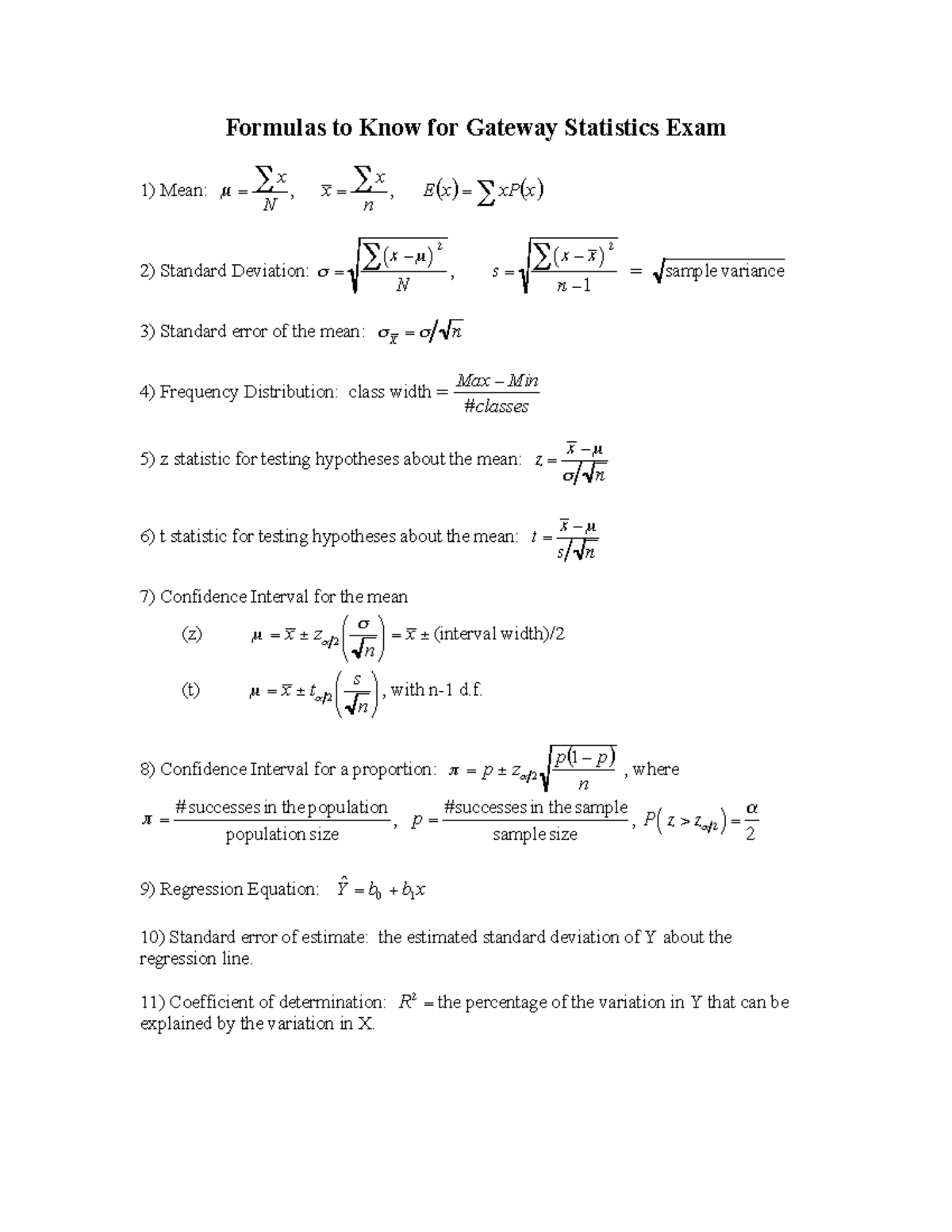 Statistics Formulas - Formulas to Know for Gateway Statistics Exam Mean ...