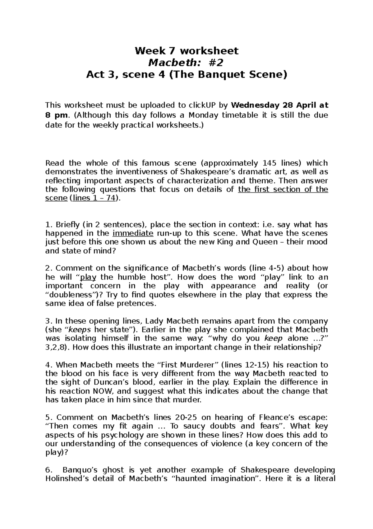 Week 7 worksheet Macbeth 2 2021 complete - Week 7 worksheet Macbeth: # 2 Act 3, scene 4 (The ...