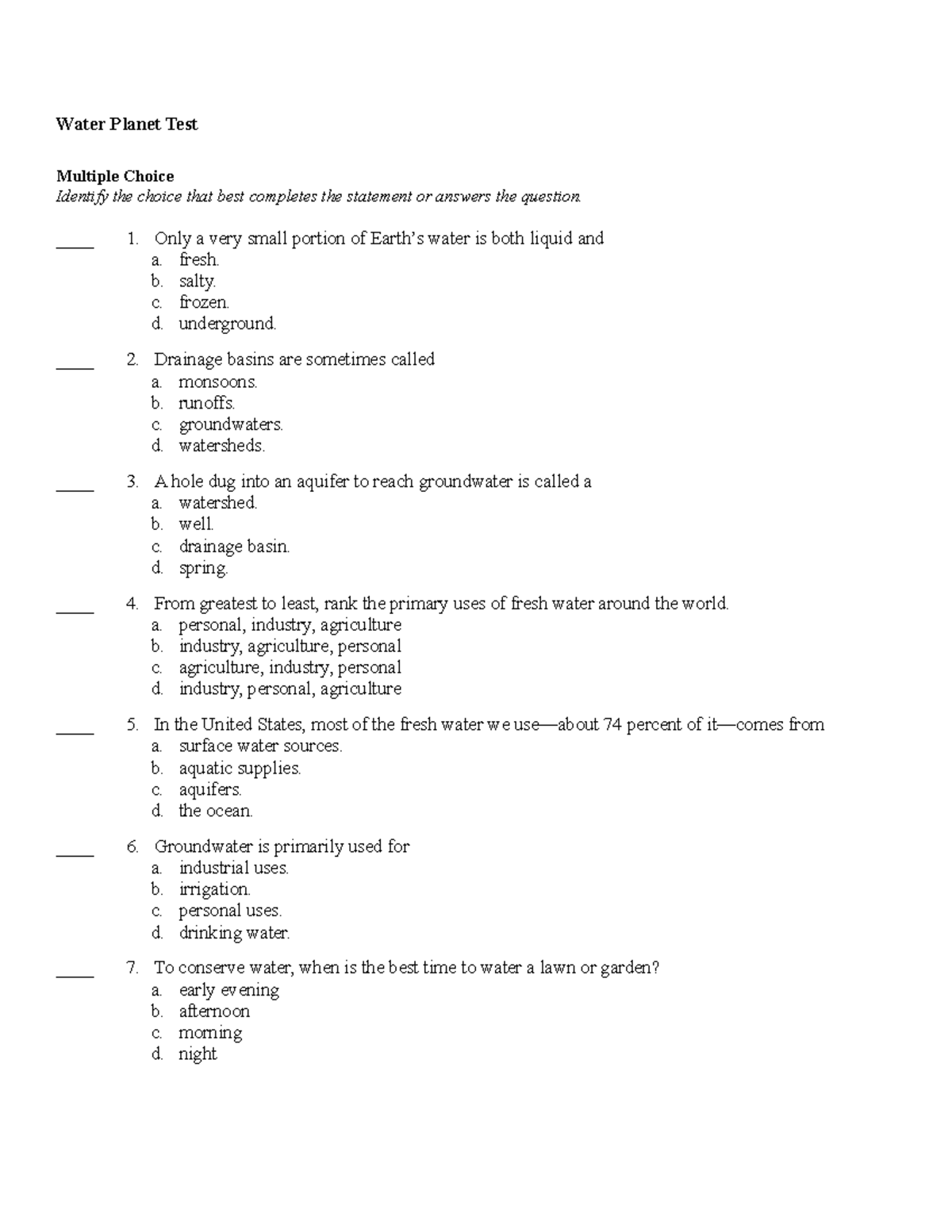 Water Resources Test - notes - Water Planet Test Multiple Choice ...