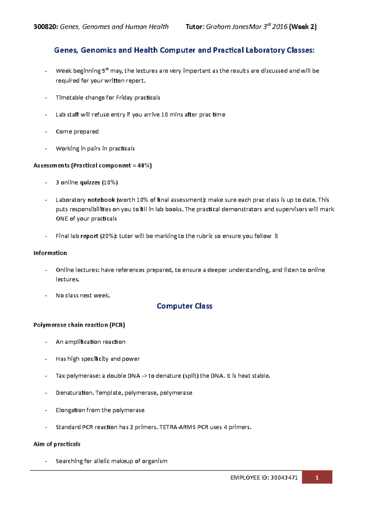 Practical - practical and tutorial summary - Genes, Genomics and Health ...