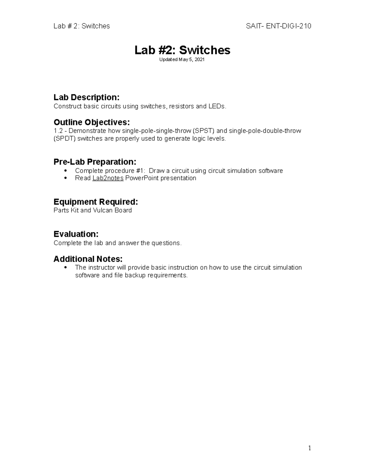 DIGI210 Lab2 - gsgsgdsdg - Lab # 2: Switches SAIT- ENT-DIGI- Lab #2 ...