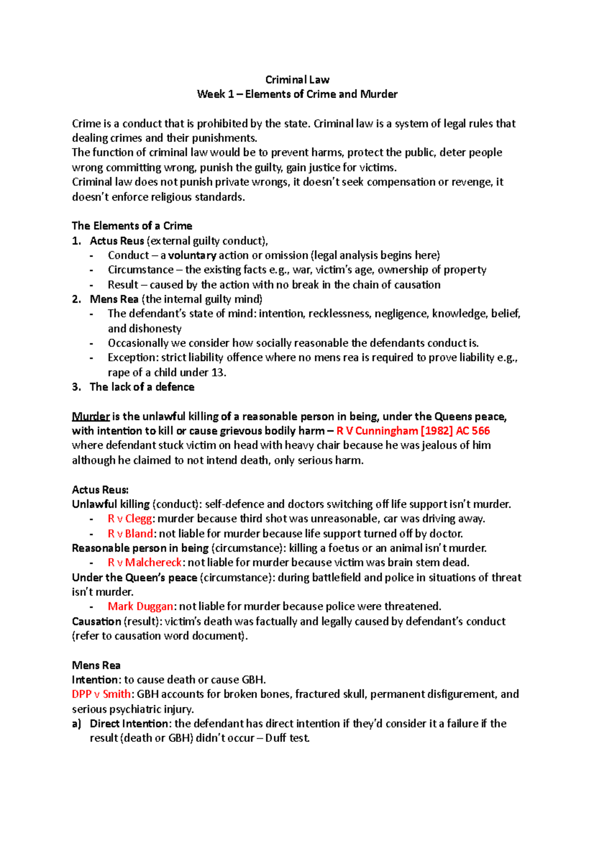 Week 1 - Murder - Criminal Law Week 1 – Elements of Crime and Murder ...