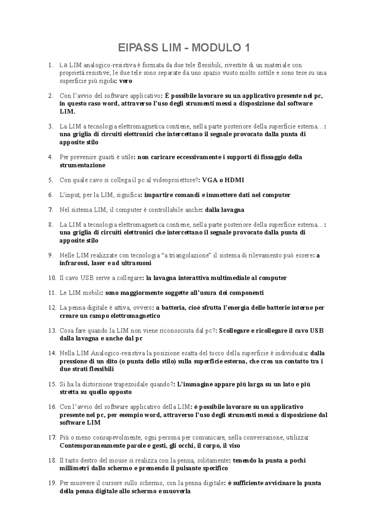 Epass lim Avanzato modulo 1 - EIPASS LIM - MODULO 1 La LIM analogico-resistiva è formata da due ...