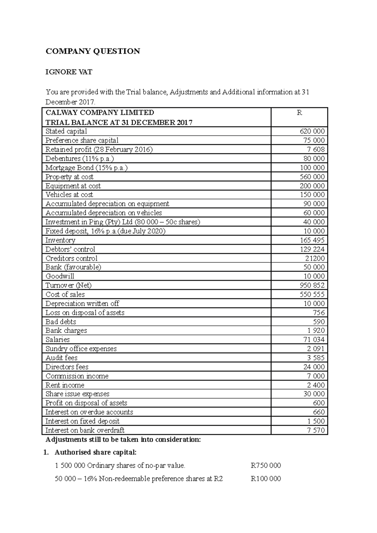 Company Question - work - COMPANY QUESTION December 2017. Adjustments ...