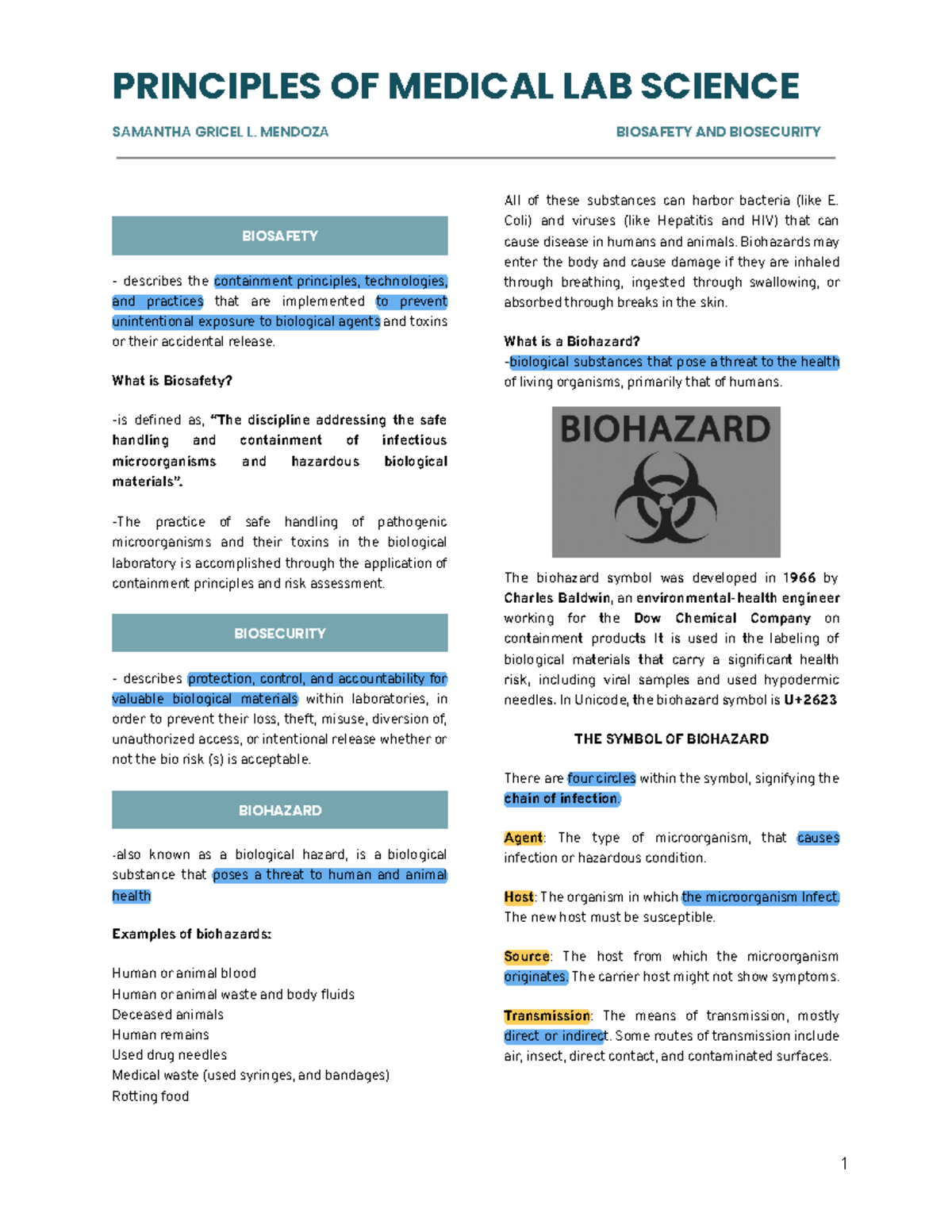 MLSP W14 - NOTES - SAMANTHA GRICEL L. MENDOZA BIOSAFETY AND BIOSECURITY ...