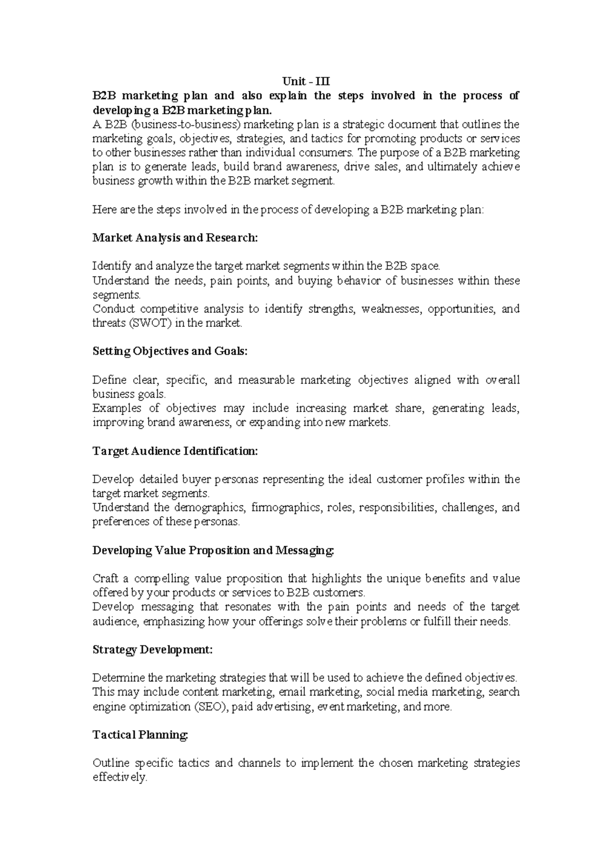 Unit III B2B - Unit - III B2B marketing plan and also explain the steps ...
