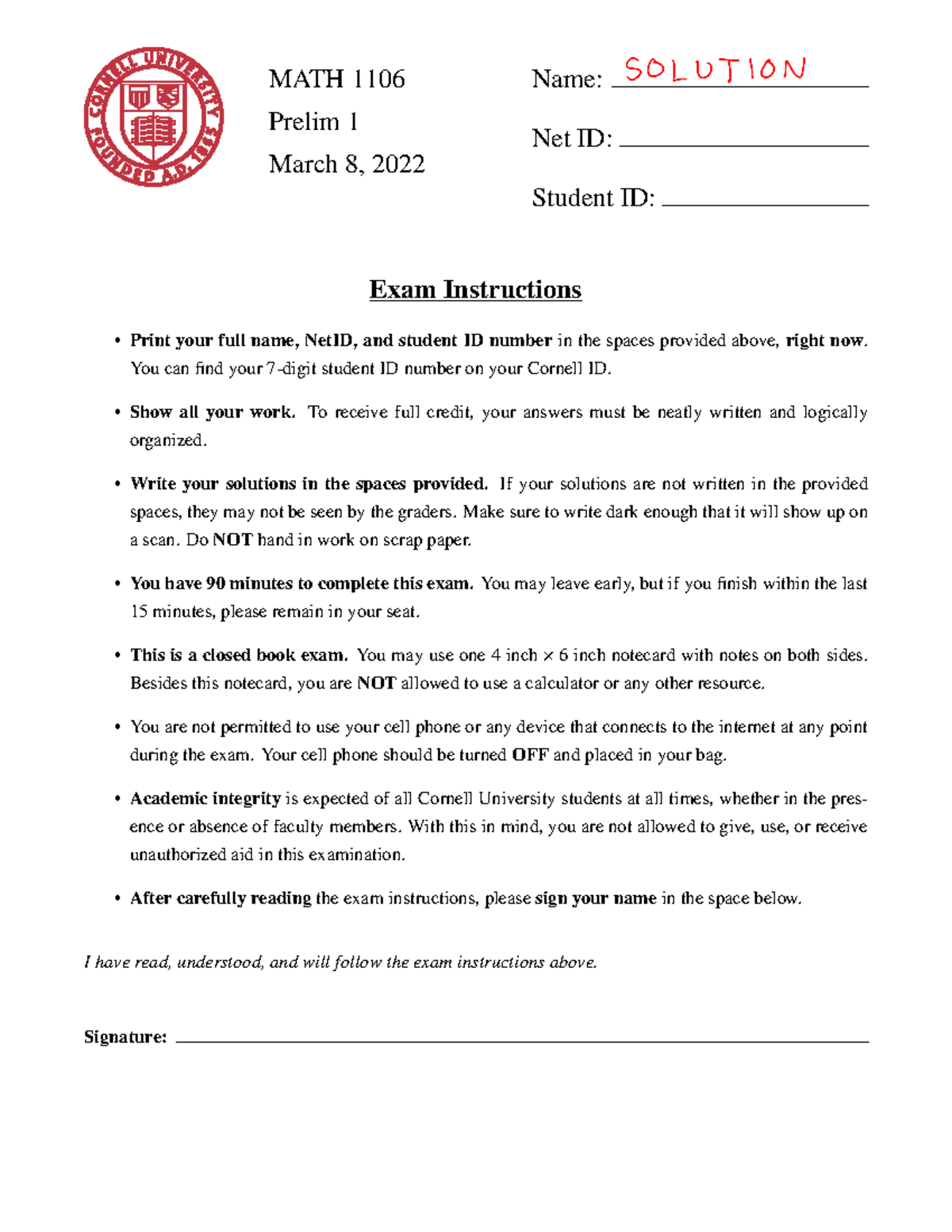 Prelim 1Solutions - MATH 1106 Prelim 1 March 8, 2022 Name: Net ID ...