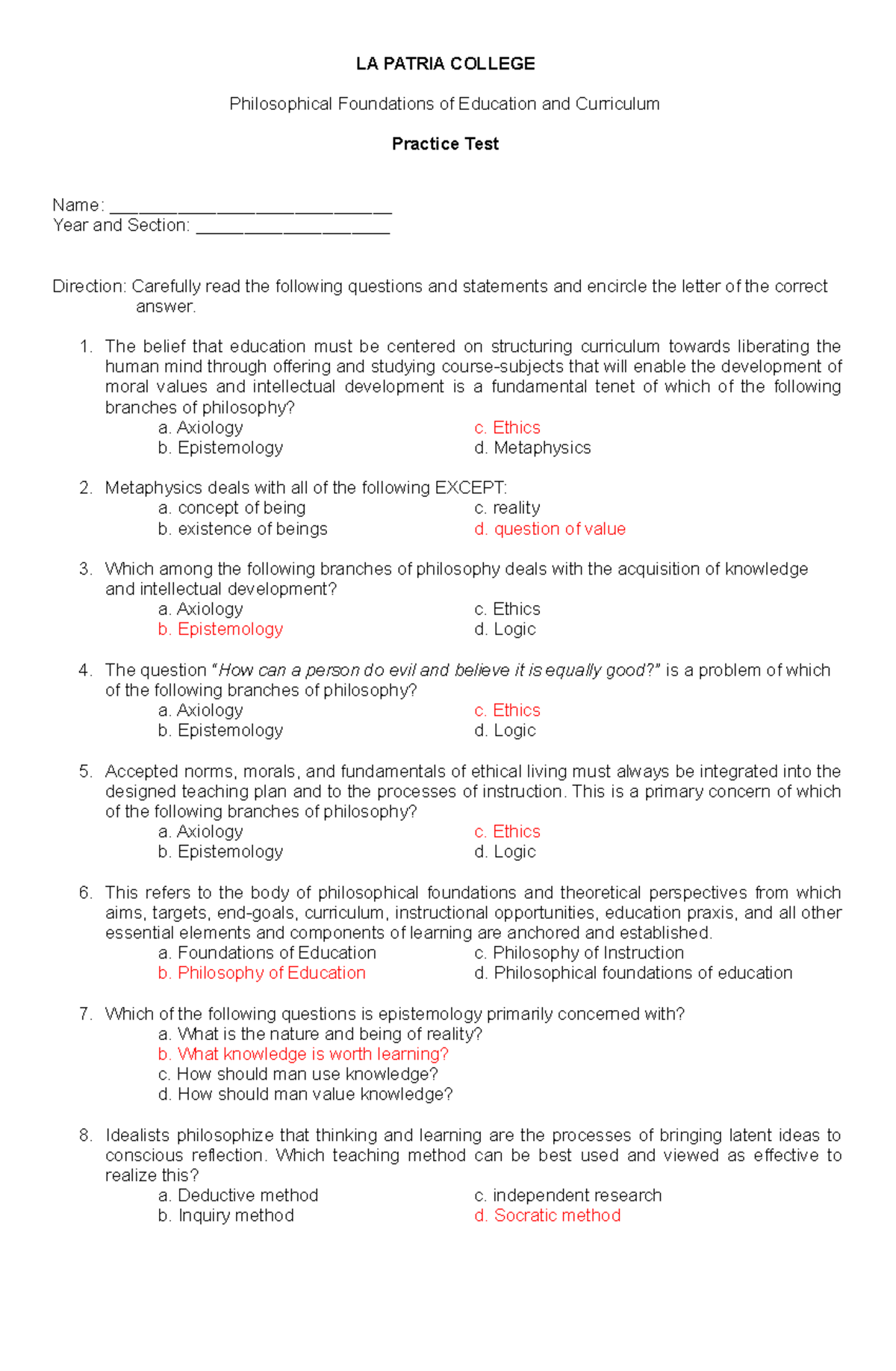 Exam Philosophy of Education - LA PATRIA COLLEGE Philosophical ...